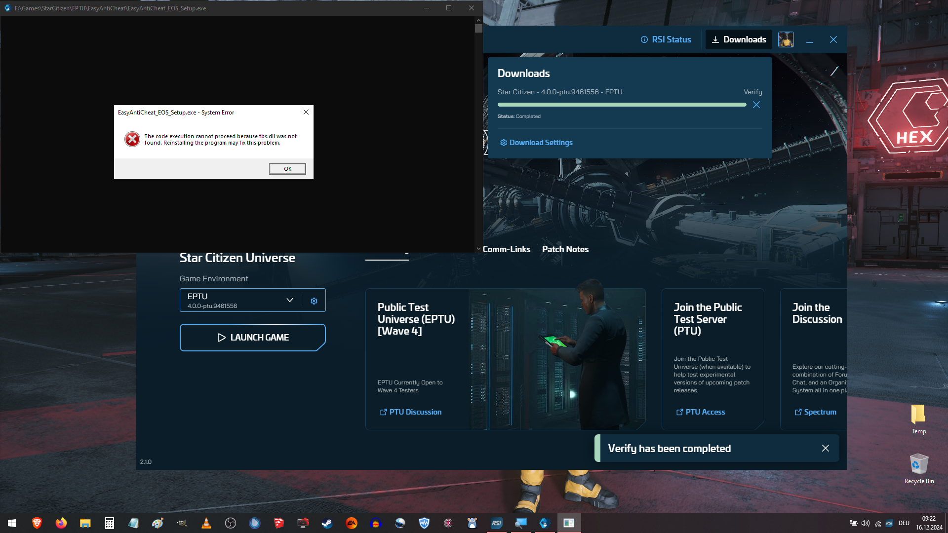 Persistent Easy Anti-Cheat Error When Launching EPTU and Live Versions - Star Citizen Spectrum