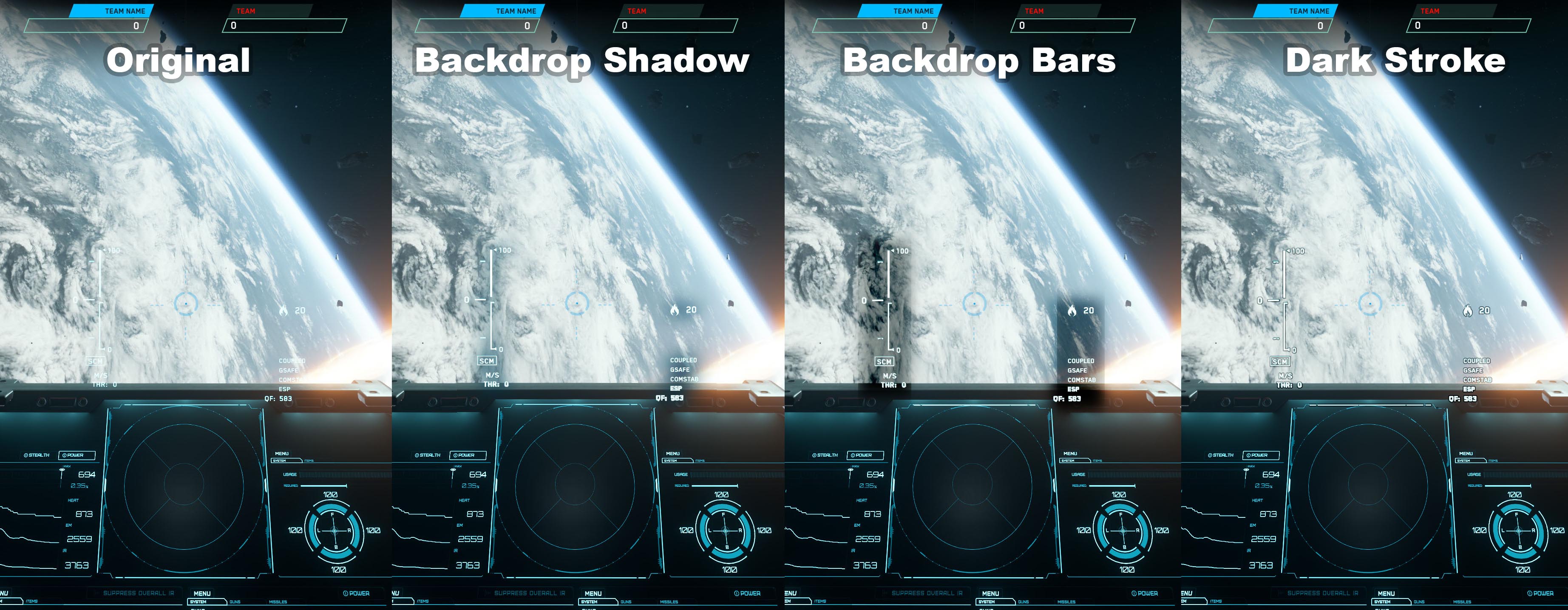 A Ship HUD with and without a backdrop shadow - Star Citizen Spectrum