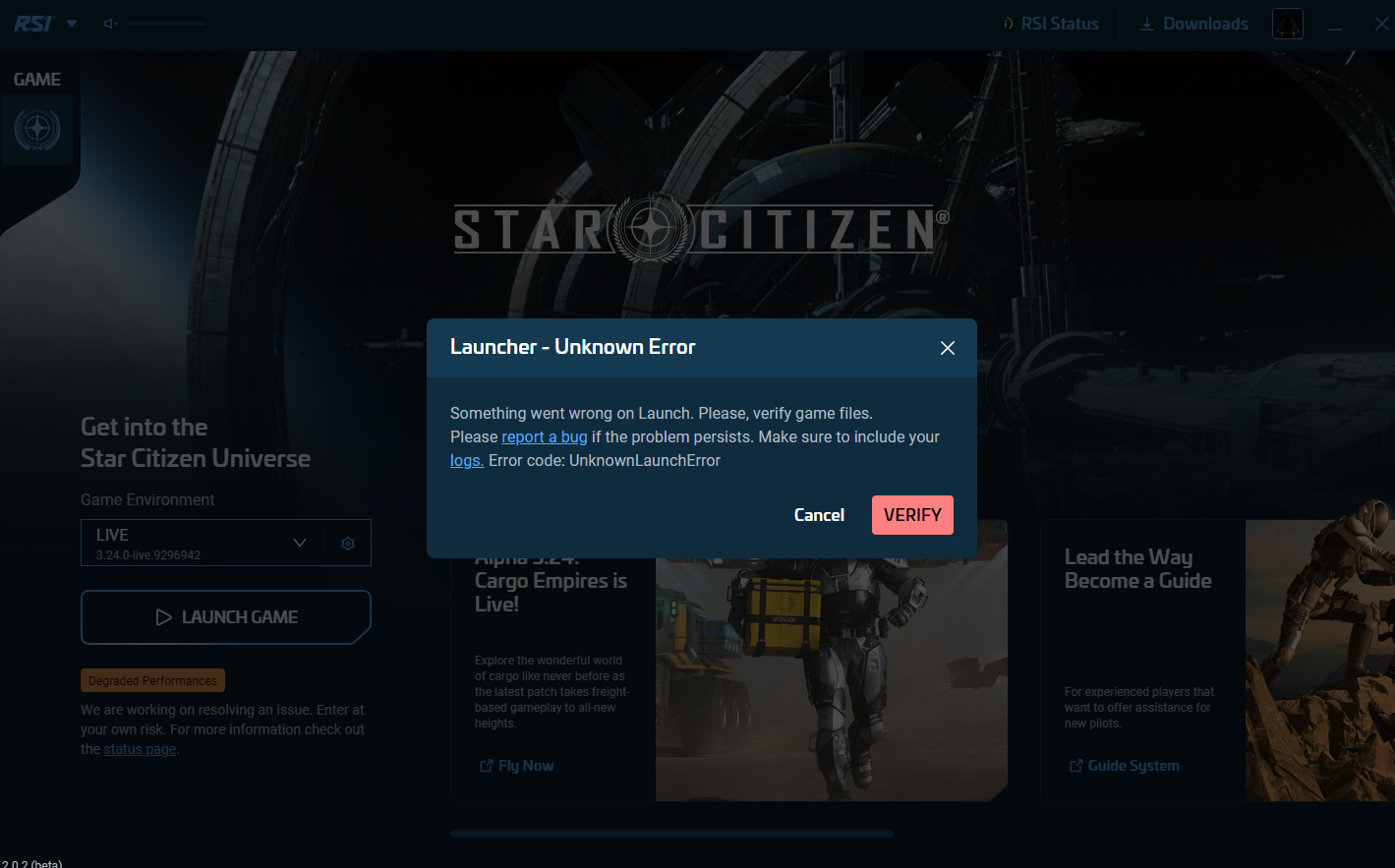 star citizen error code : unknownlauncherror - Star Citizen Spectrum